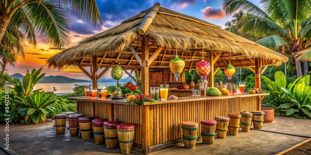 Tropical paradise tiki bar with bamboo, thatched roof, and colorful ...