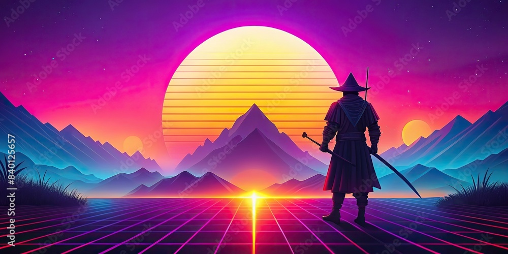 Sunset landscape featuring a Samurai in a synthwave style , Samurai ...