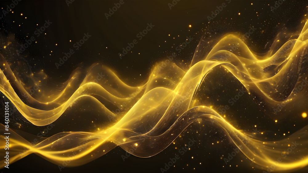 Digital yellow particles wave and light abstract background with ...