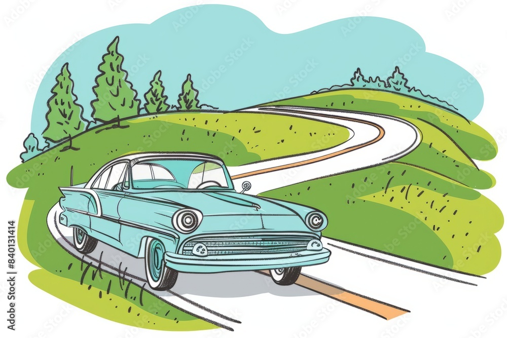 Cartoon cute doodles of a classic car cruising down a winding road ...