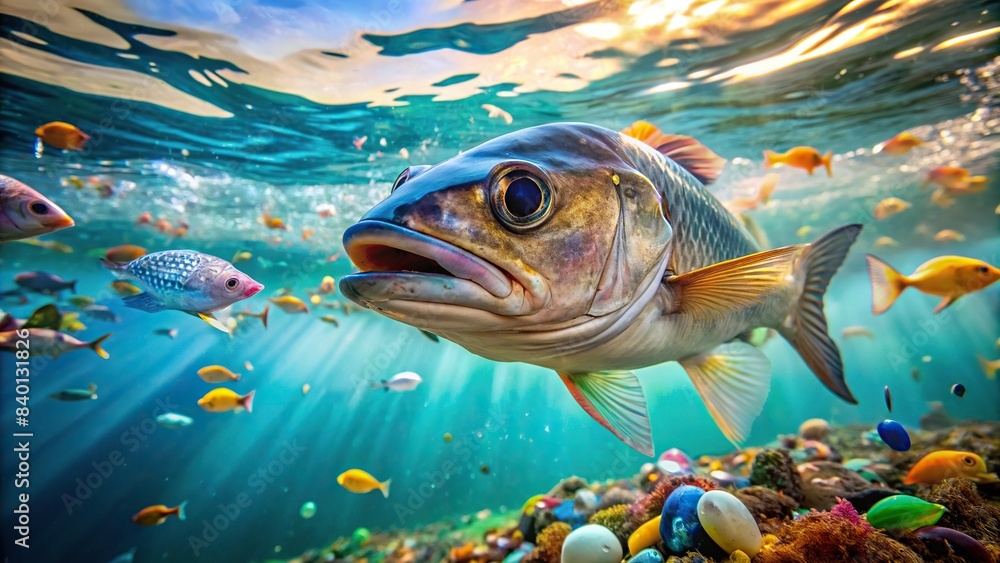 A close-up photo of a fish swimming in a sea filled with microplastics ...