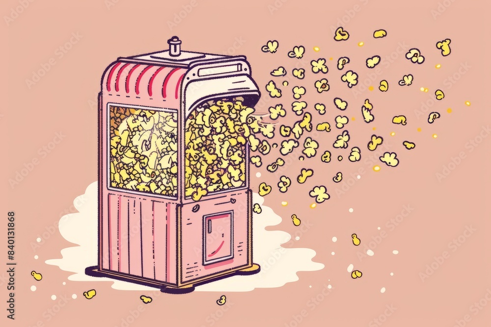 Cartoon cute doodles of a nostalgic popcorn machine popping kernels ...