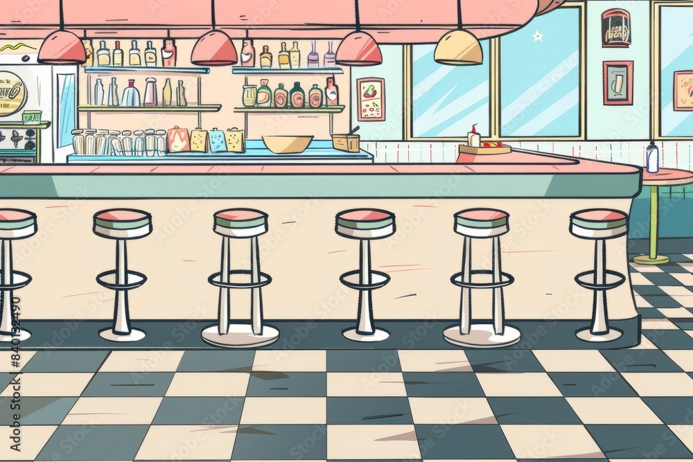 Cartoon cute doodles of a retro diner with checkered floors and bar ...