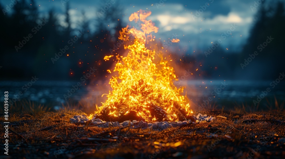 Campfire in the Wild. A vivid depiction of a campfire set in a remote ...