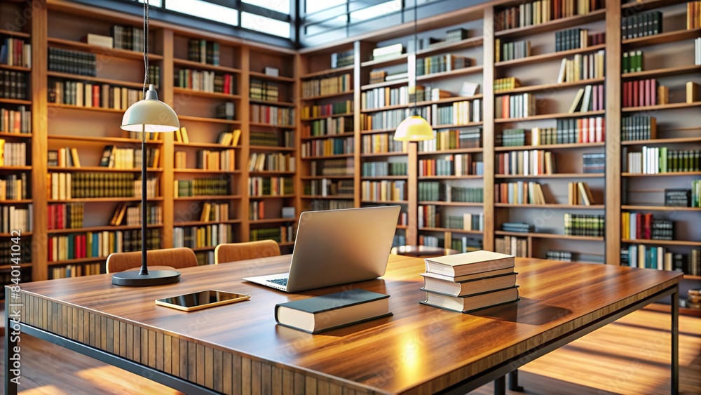 Image of a modern library setting with a desk cluttered with books, a ...