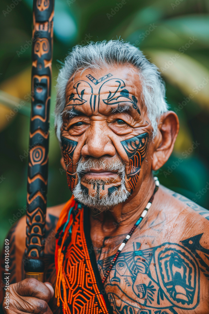 An elderly Maori man with intricate facial tattoos and traditional ...