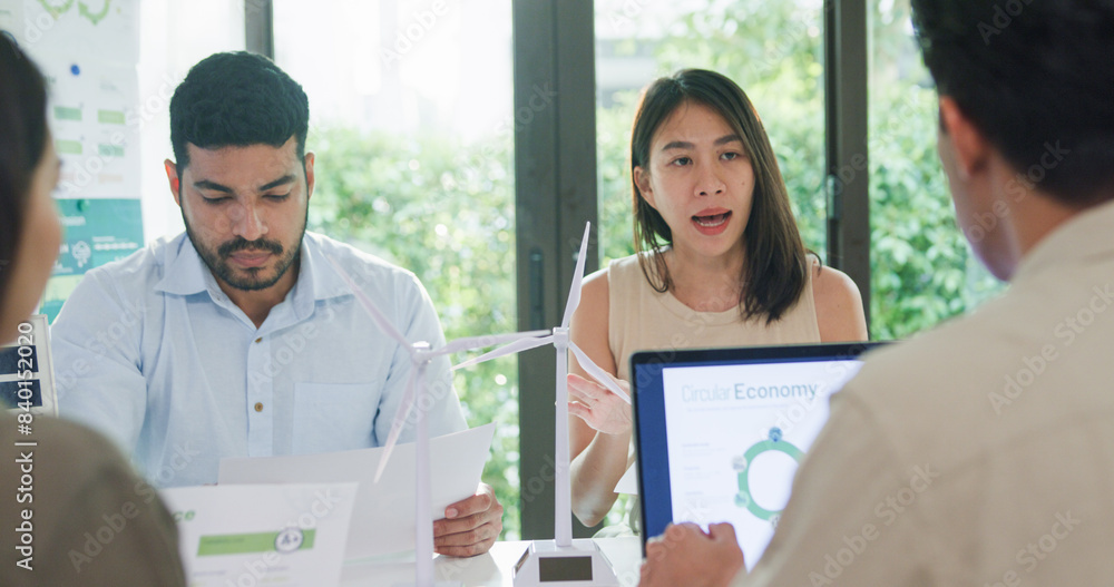 Group diverse Asia businesspeople talk ESG strategies risk management workshop, SDGs report ...