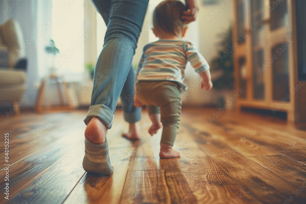 Caring mother holding cute little baby daughter or son hands, make ...