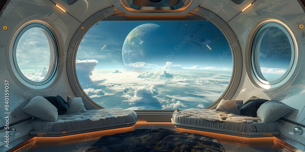 Luxury spacecraft hotel with Earth view from observation deck window ...