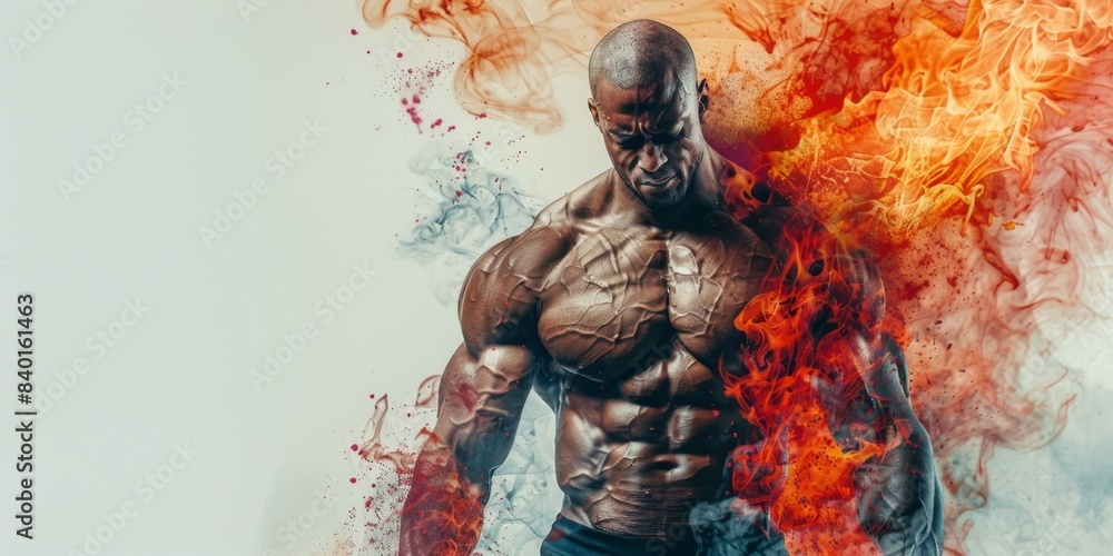 A bodybuilder is on fire against a white background, hot summer ...