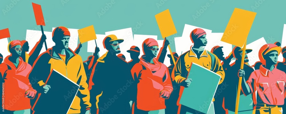 Dynamic Labor Day fair wages illustration showing workers with protest ...