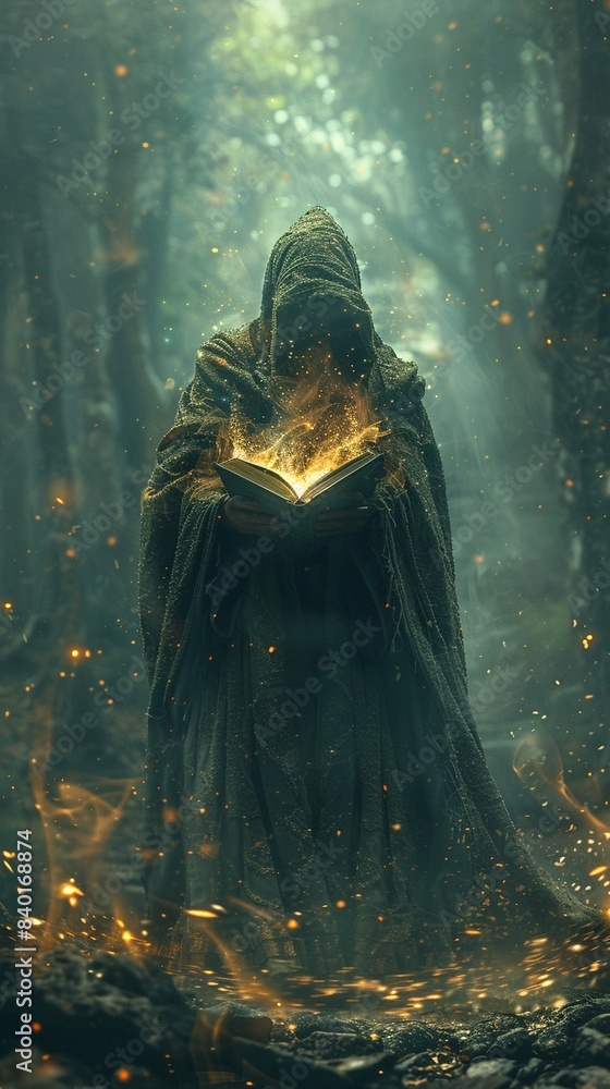 Cloaked person with a magical book, dark hues, fantasy, illustration ...