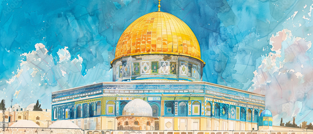 Watercolor hand draw The Dome of the Rock in Jerusalem is a prominent ...