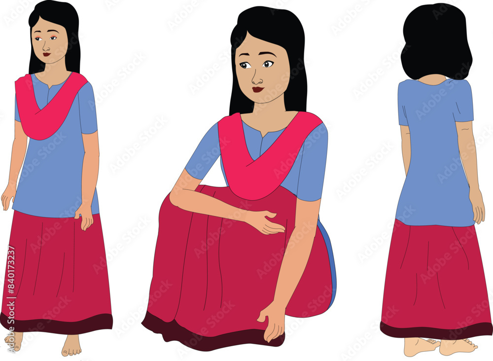 Young Indian Girl model sheet wearing kurta. Indian woman character set ...
