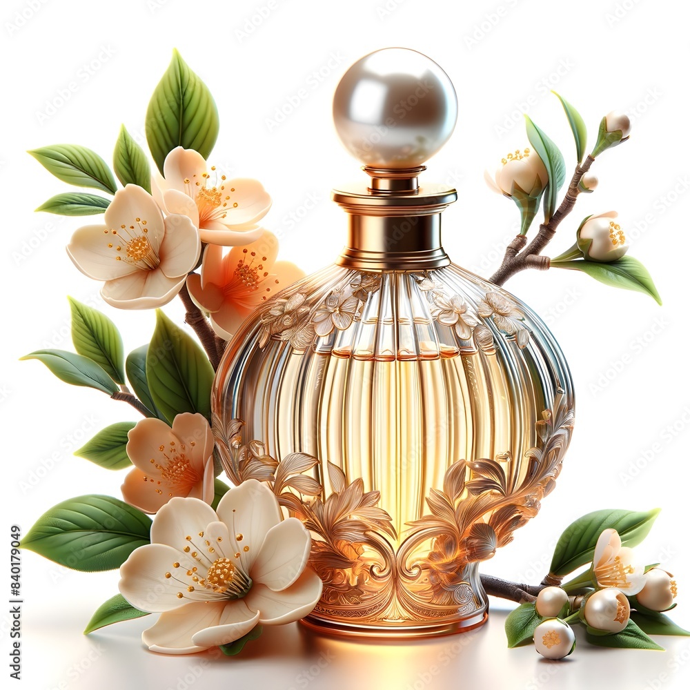 Detailreiches Bild eines luxuriösen Parfumflakons.Der Flakon ist mit ...