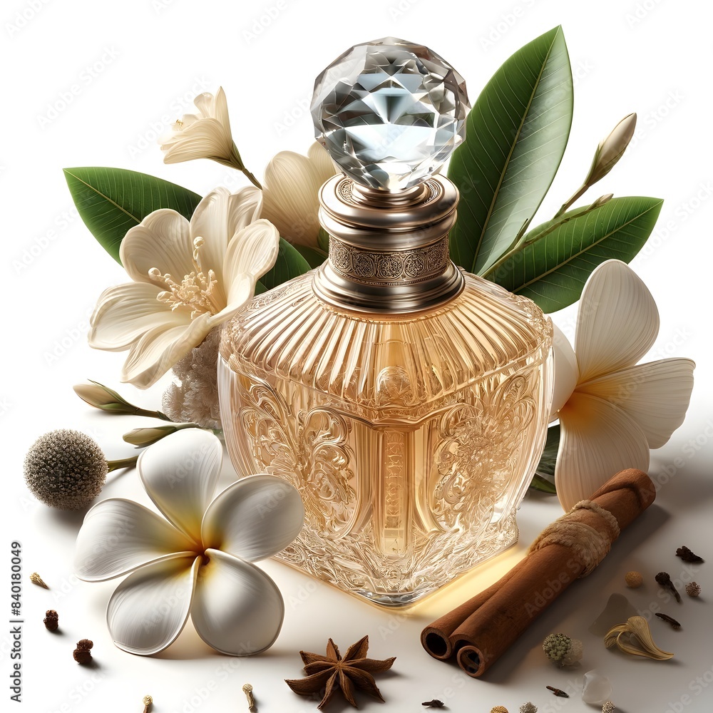 Detailreiches Bild eines luxuriösen Parfumflakons.Der Flakon ist mit ...