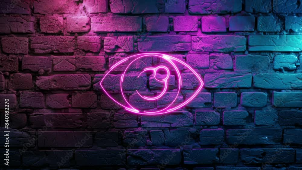 Video footage of Pink glowing Vision, eye Icon neon on brick wall ...