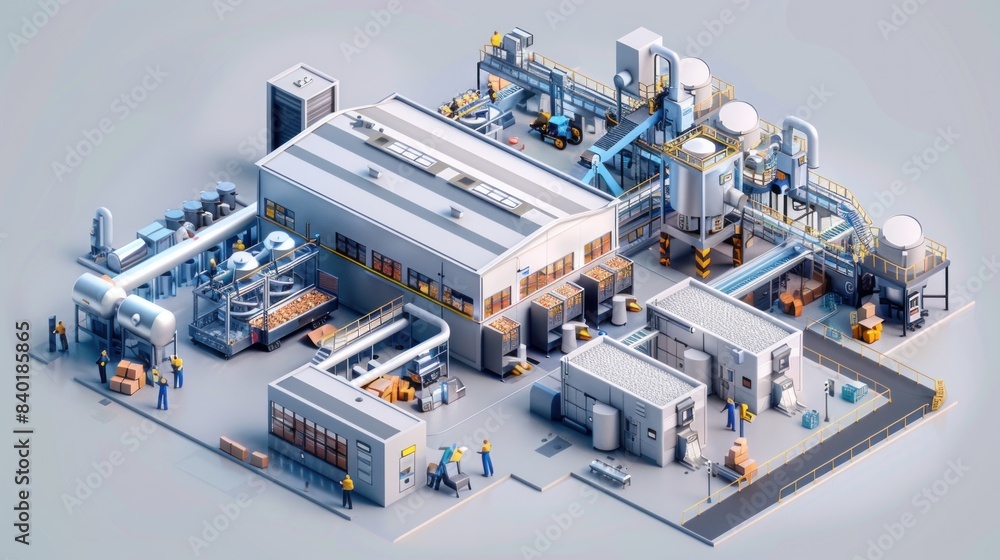 05061525 09 A 3D isometric rendering of a food processing plant ...