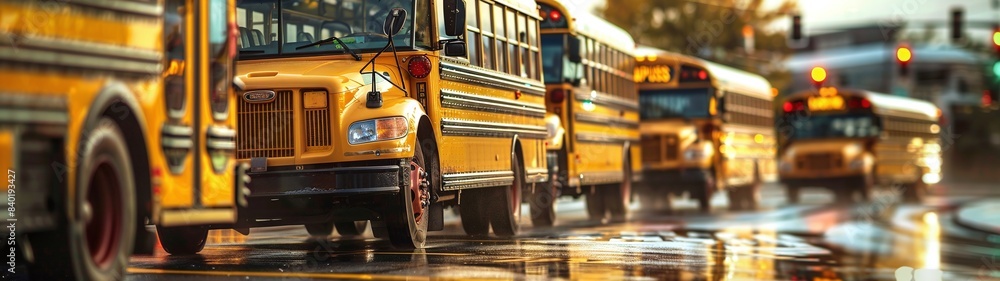 row of school buses, back to school banner theme Stock Illustration ...