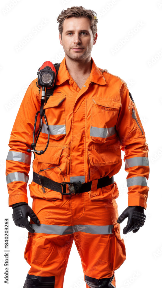 PNG of A rescue worker in an orange uniform with reflective stripes ...