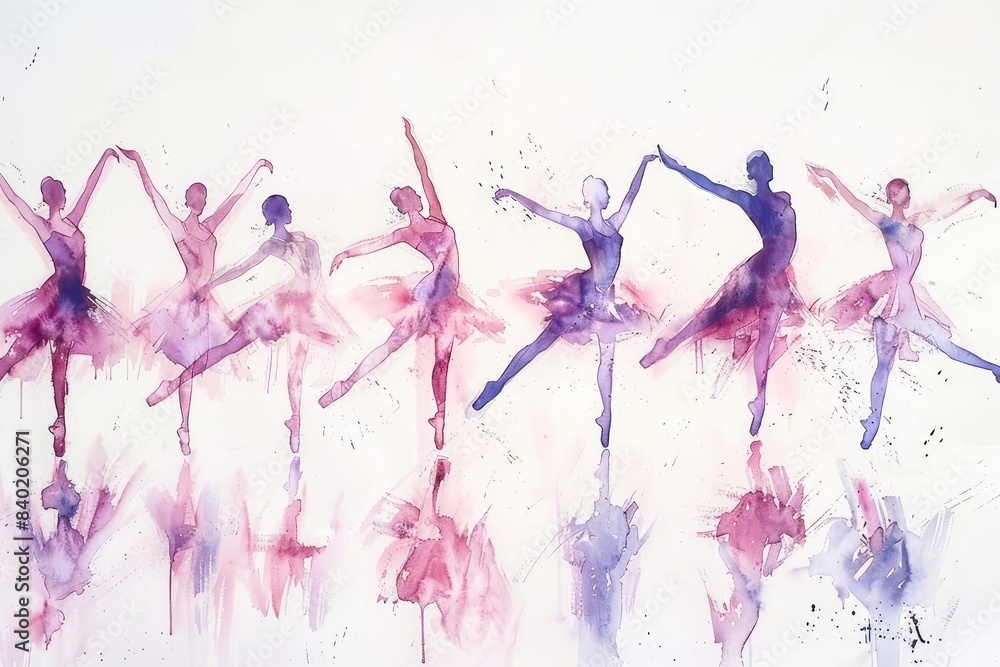 A set of watercolor paintings shows the progression of different ballet ...