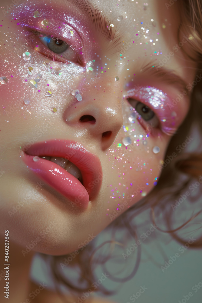 model with trendy pink glitter eyeshadow and crystals on her face ...