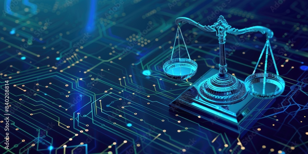 Scales of justice overlaid on a digital circuit board pattern ...