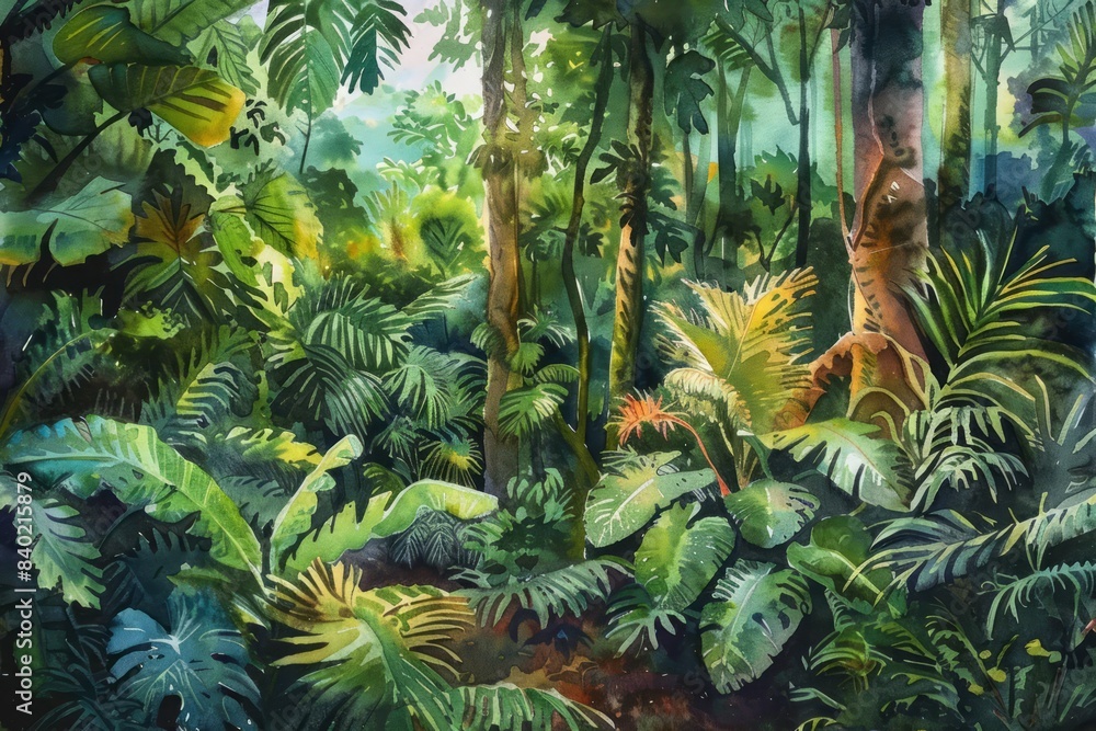 This watercolor artwork captures the rich biodiversity of a lush ...