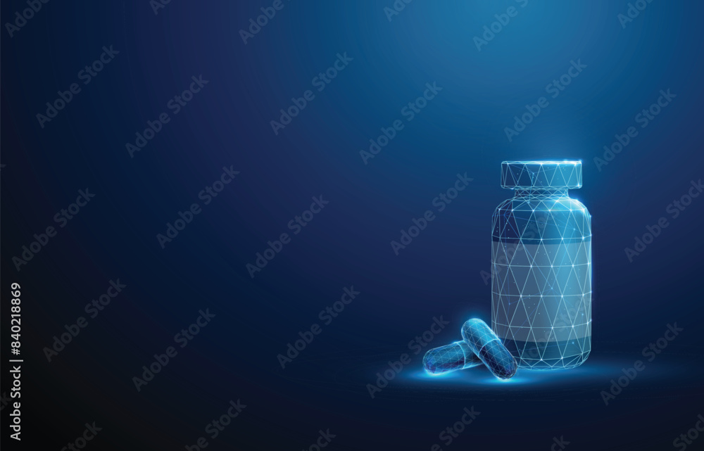 Plastic bottle with two abstract blue medical drug capsules. Healthcare ...