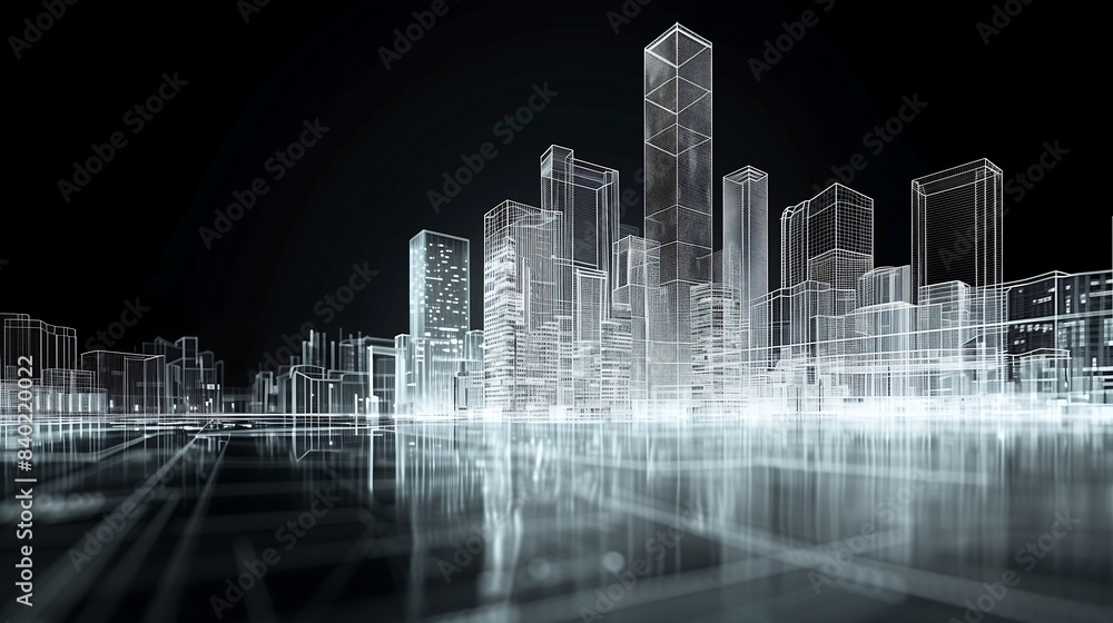 3D wireframe architectural CAD drawings of a modern tower cityscape ...