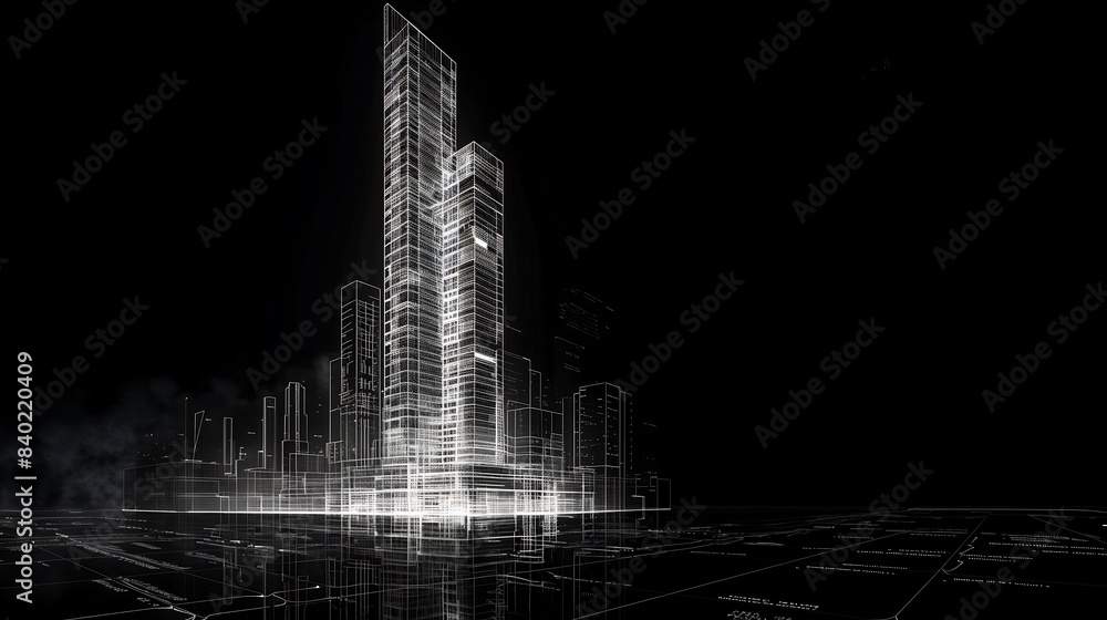 3D wireframe architectural CAD drawings of a modern tower cityscape ...