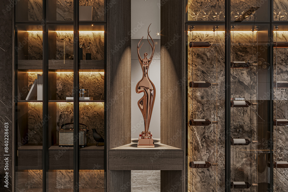 interior of a home bar with wood shelves and cabinets, and a bronze ...