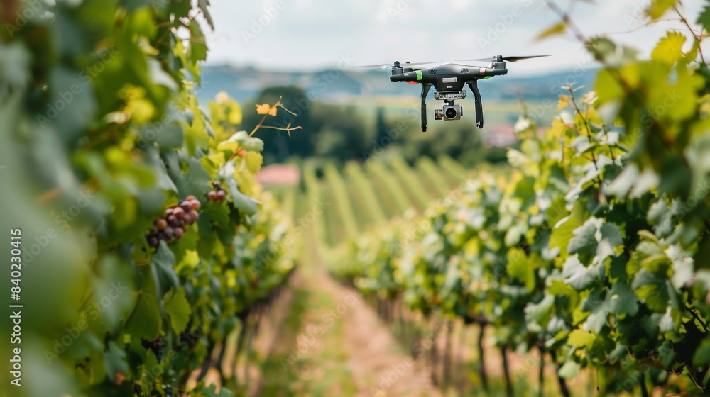 Aerial view of a vineyard with a modern drone in flight. Drone ...