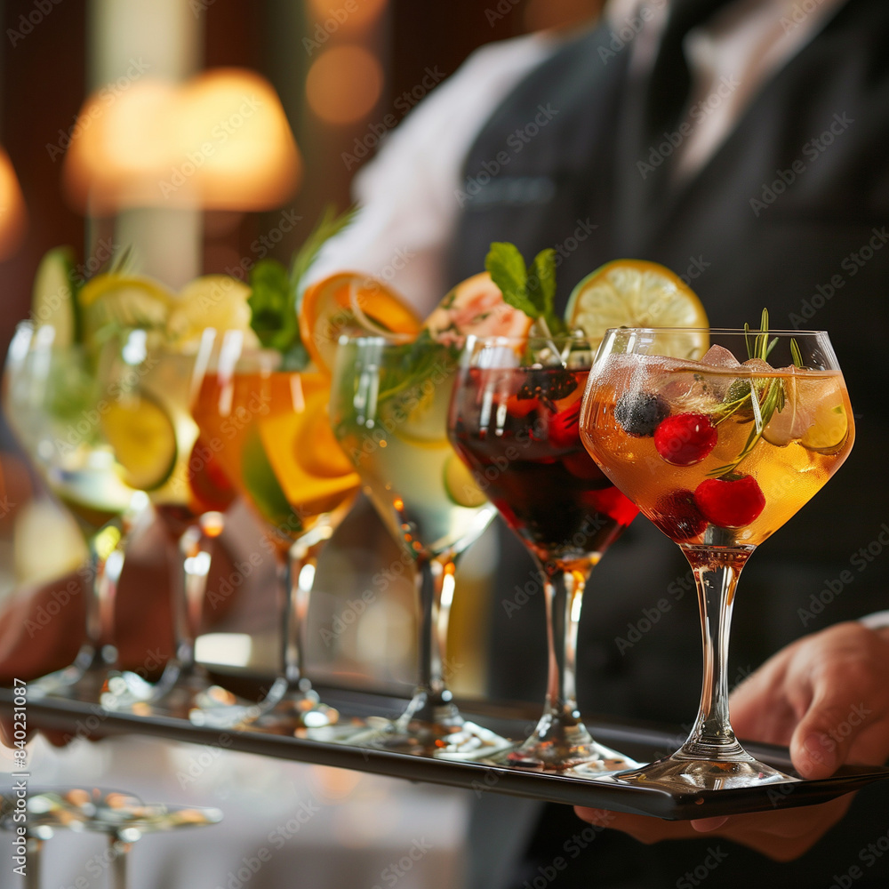 close-up of a tray of assorted cocktails being served by a waiter at a ...
