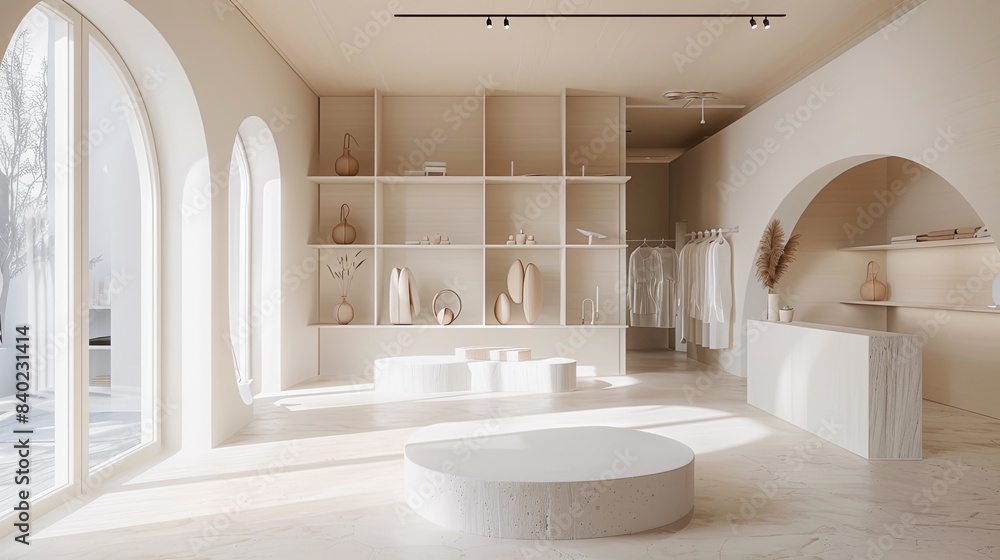 Modern Minimalist Clothing Store Interior with Arched Windows, White ...
