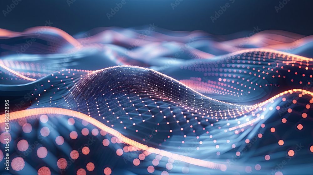 Abstract Blue Digital Wave With Orange Particles Technology Background, Big Data, Artificial ...