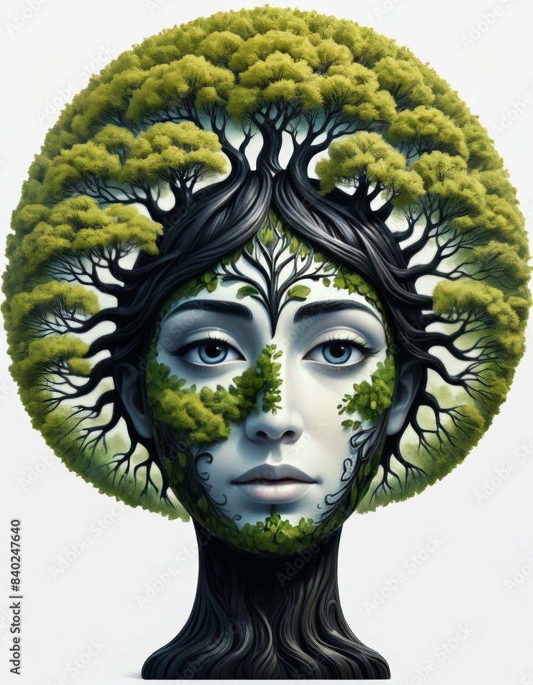 Artistic depiction of a woman's face seamlessly merging with a tree ...