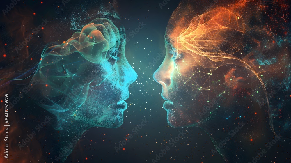 Two faces are shown in a blue and orange color scheme. The faces are ...