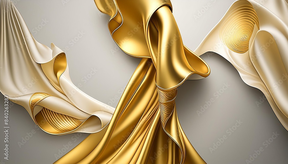 Flowing gold fabric creating dynamic, sculptural shapes against a ...