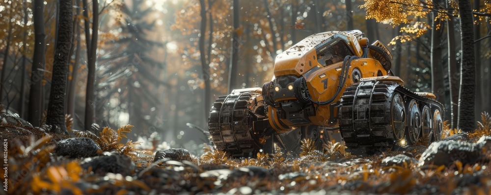 Autonomous logging vehicles in forest, AI control, modern tech ...