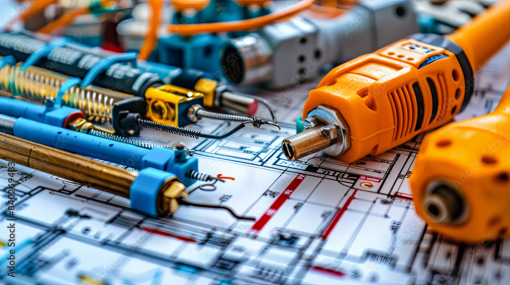 Electrician's tools and equipment on construction drawings. Selective ...