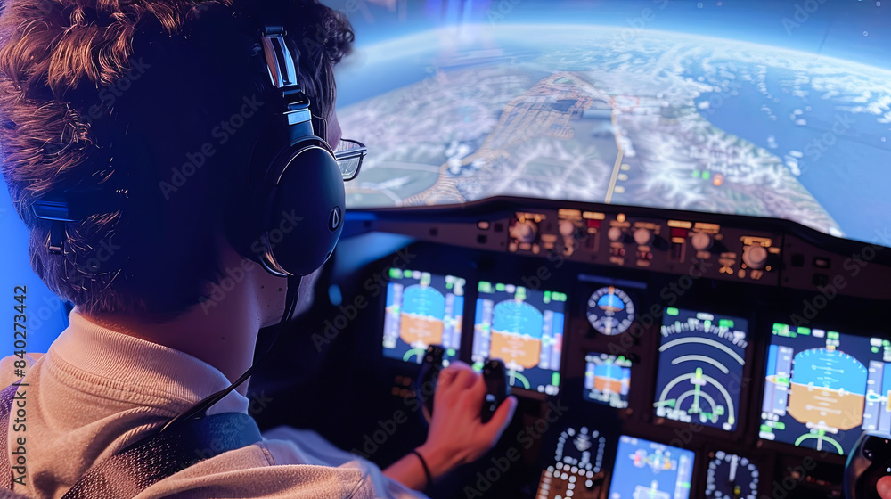 Pilot in the cockpit of a plane with the world map on the background ...
