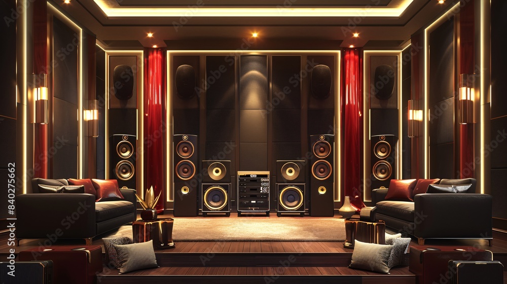 An exquisite illustration of a high-end sound system room, showcasing ...