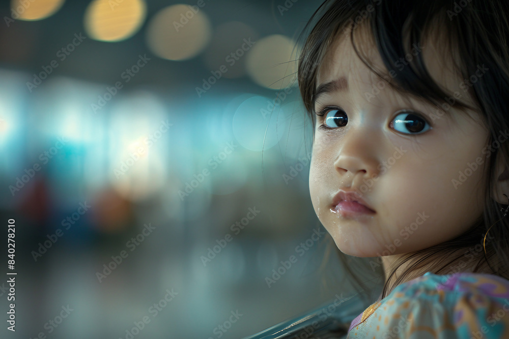 Poor little kid lost in big city forest woods airport street ...