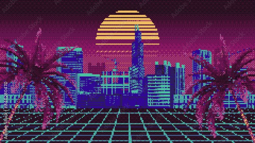 Pixel city background with palm trees in 4K. 8 bit retro background ...
