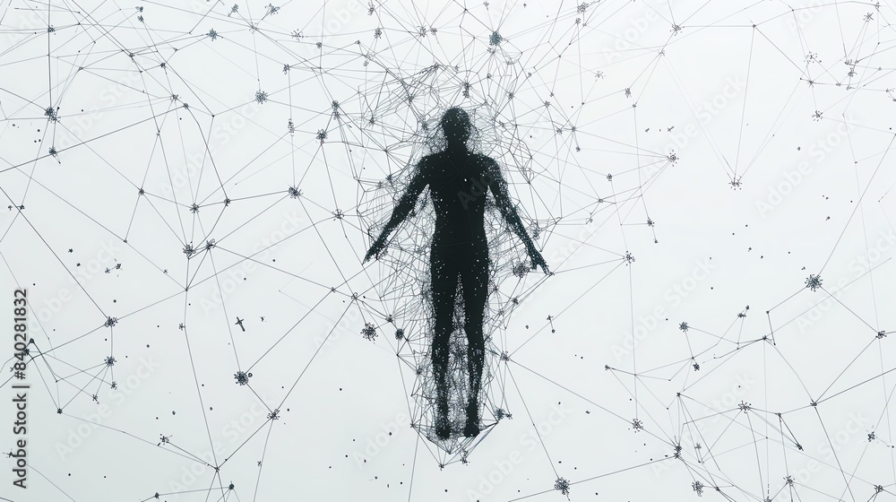 line art stick figures holographic of A businessperson, floating in a ...