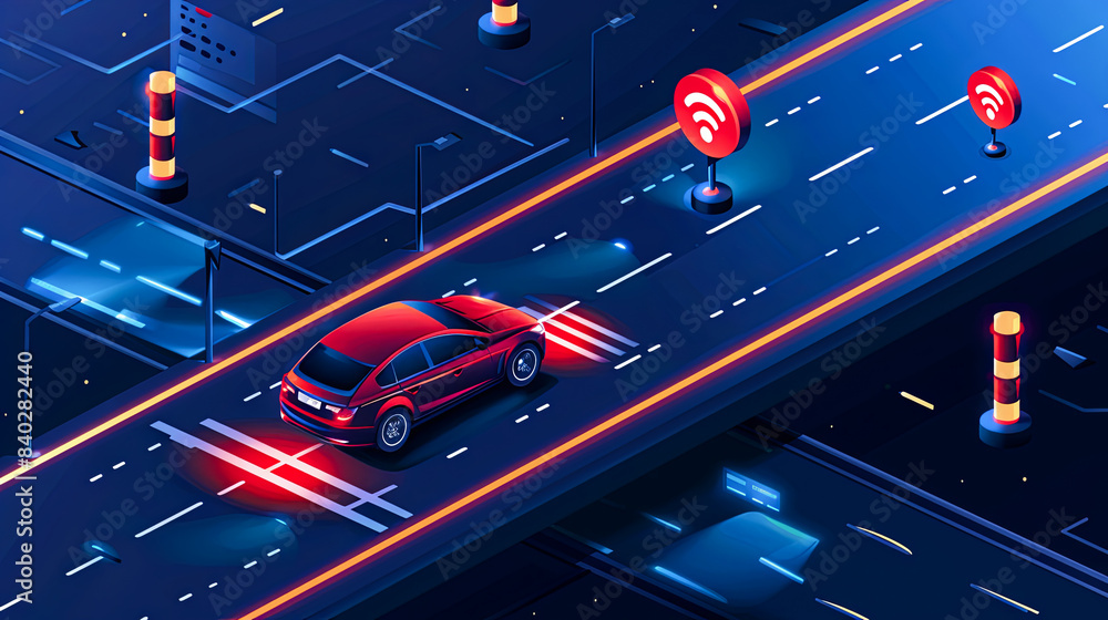 Red Autonomous Self Driving Car Navigating a Futuristic City with Smart ...