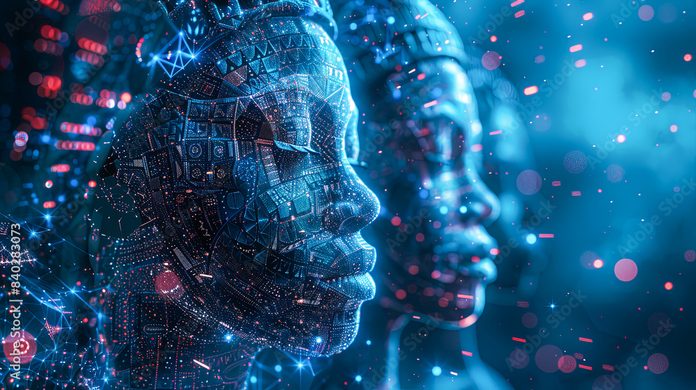 Cyborgs head and human face. 3d rendering toned image double exposure ...