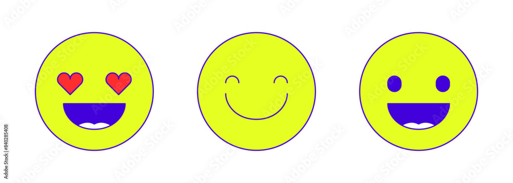 Happy emoticons for social media 2D linear cartoon objects set ...