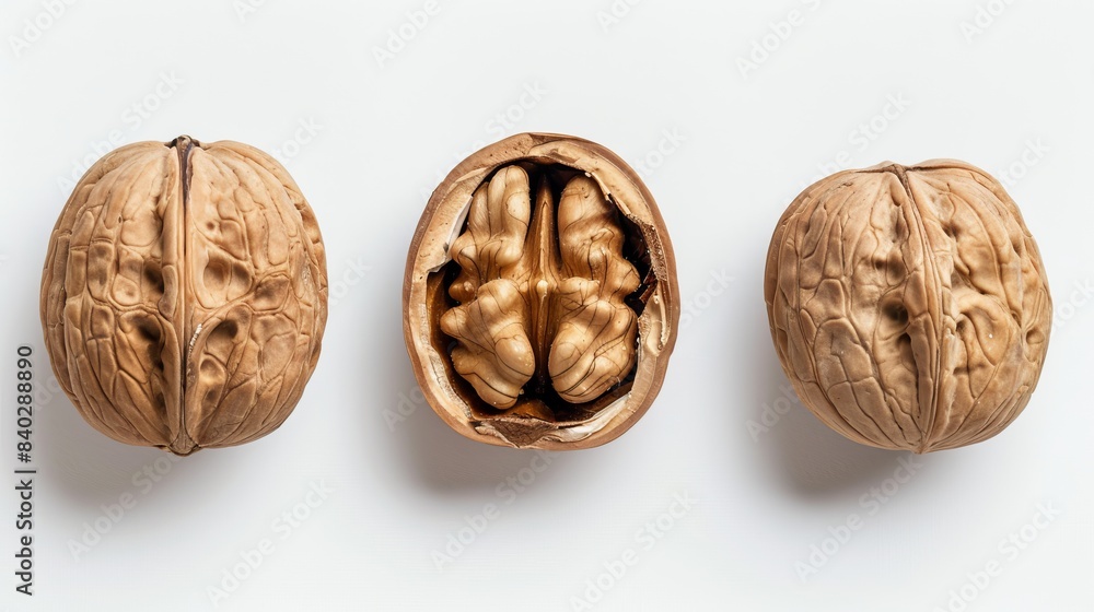 Close-up photo of three walnuts in a row on a white background. One ...